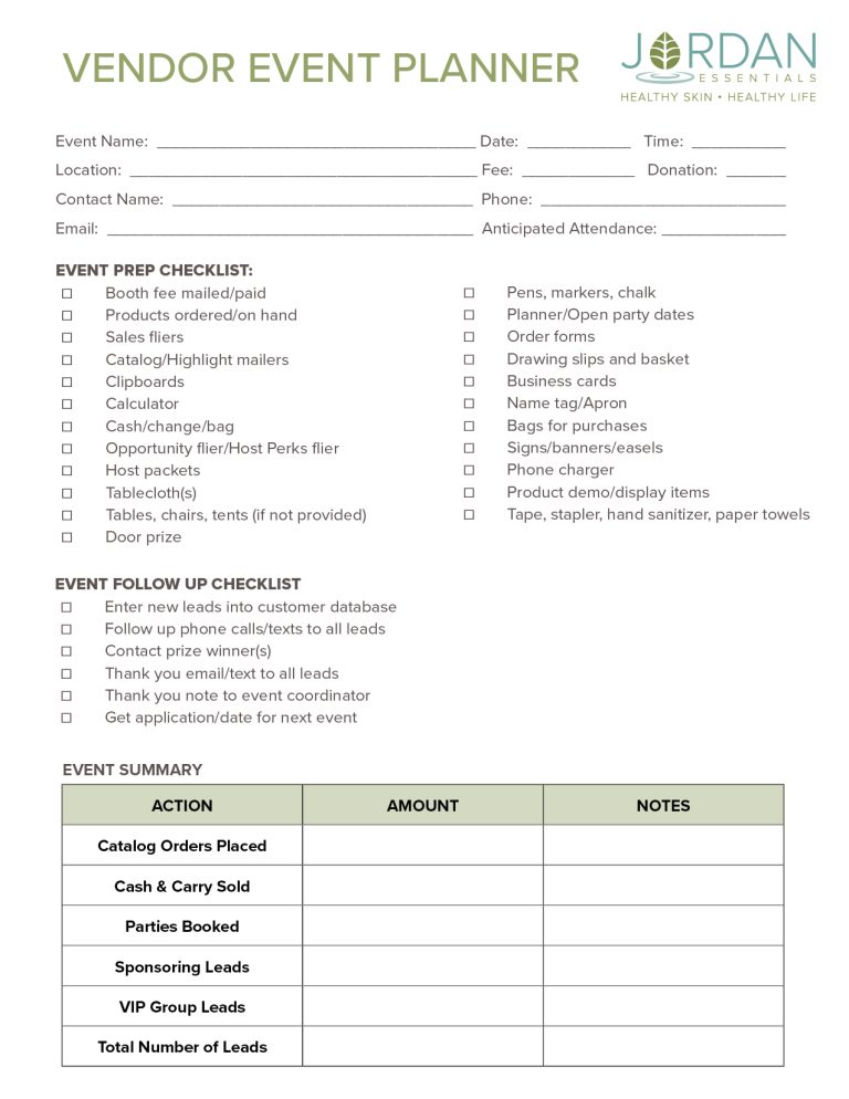 Vendor Event Checklist Planner – JE Library